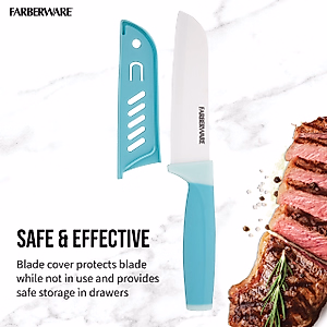 Farberware Ceramic 5- Inch Santoku Knife with Custom-Fit Blade Cover, Razor-Sharp Kitchen Knife with Ergonomic, Soft-Grip Handle, Dishwasher-Safe, 5-inch, Aqua