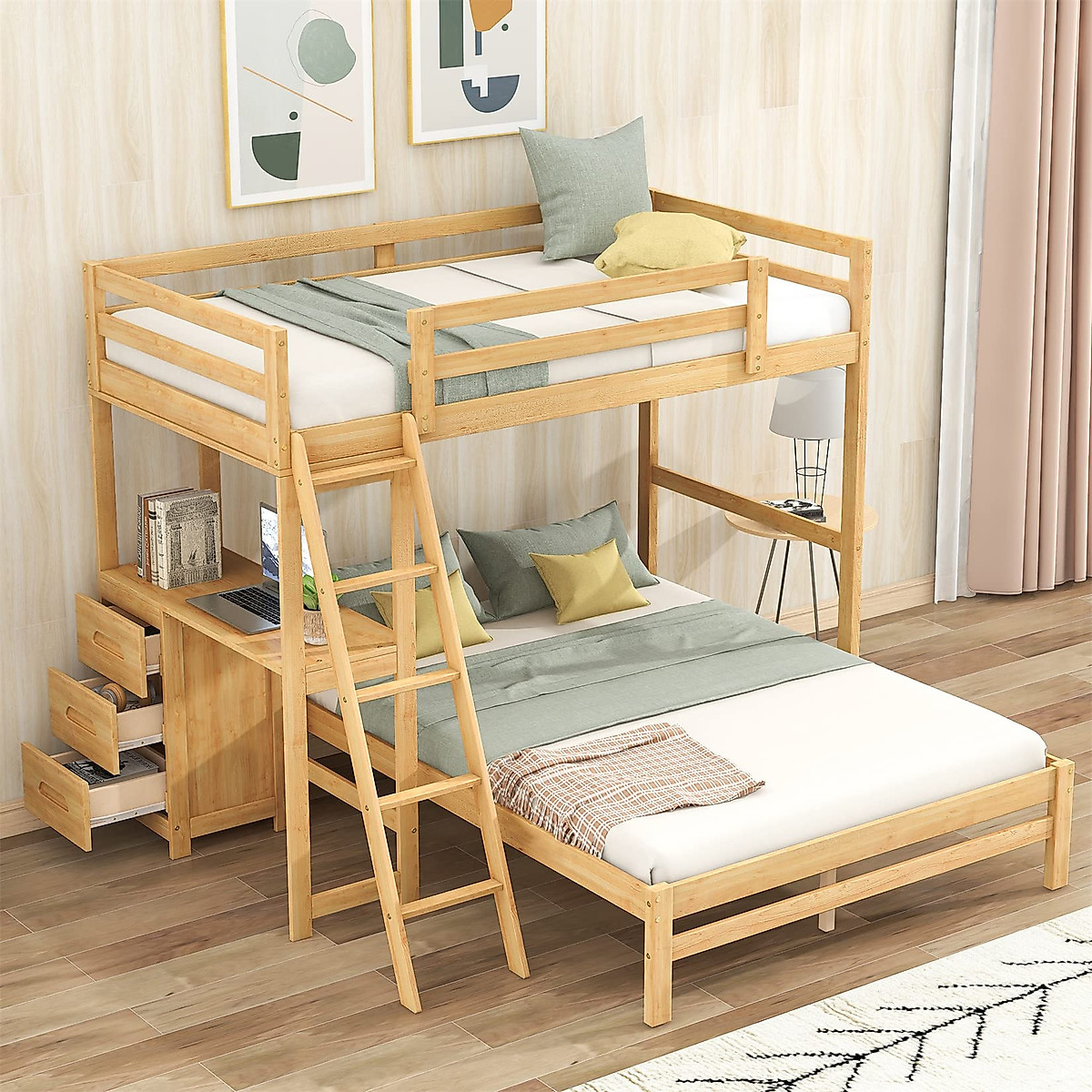 Bellemave Twin Over Full Bunk Bed with Desk and Storage Drawers Wood Convertible Loft Beds Can Be Separated into 2 Kids Bunked Frame for Girls Boys Teens, Natural