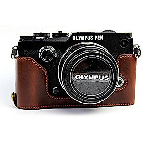Bottom Opening Version Protective PU Leather Half Camera Case Bag Cover with Tripod Design for Olympus Pen-F Camera with PU Leather Hand Strap Dark Brown