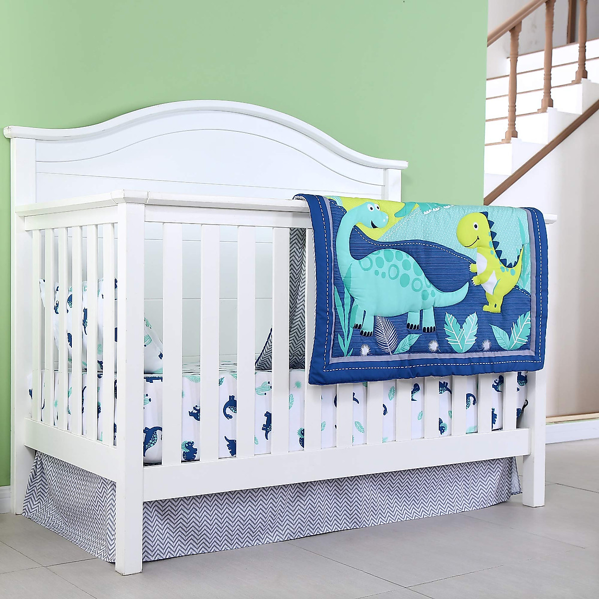 JISEN 3 Piece Crib Bedding Set Crib Quilt Crib Sheet Pillowcase - Soft Microfiber Printed Dinosaur Nursery Set for Baby Boys or Girls