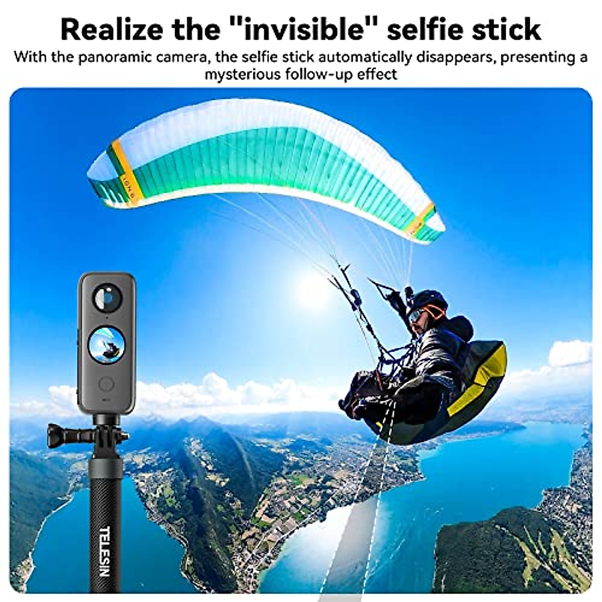 TELESIN Invisible Selfie Stick for GoPro Insta360 (120cm/47.2 inch), Lightweight Carbon Fiber Extension Pole for Go Pro Max Hero 11 10 9 8 7 6 5 One X2 X3 DJI Action 2 3 AKASO 360 Camera