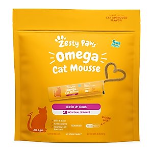 Zesty Paws Omega Cat Mousse Squeezable Cat Treats - with Seaweed, Omega Fatty Acids, Antioxidants Vitamins & Minerals - Skin & Coat Support for Cats - Tuna Fish Flavor - 18 Count