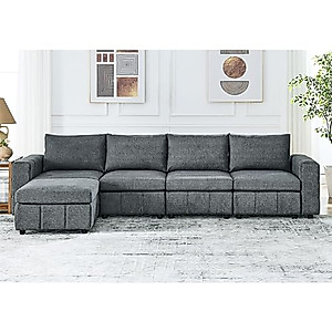 EZLUX Upholstered Modular Sofa Set, L-Shaped Sectional Couch with Ottoman for Living Room Apartment, Gray