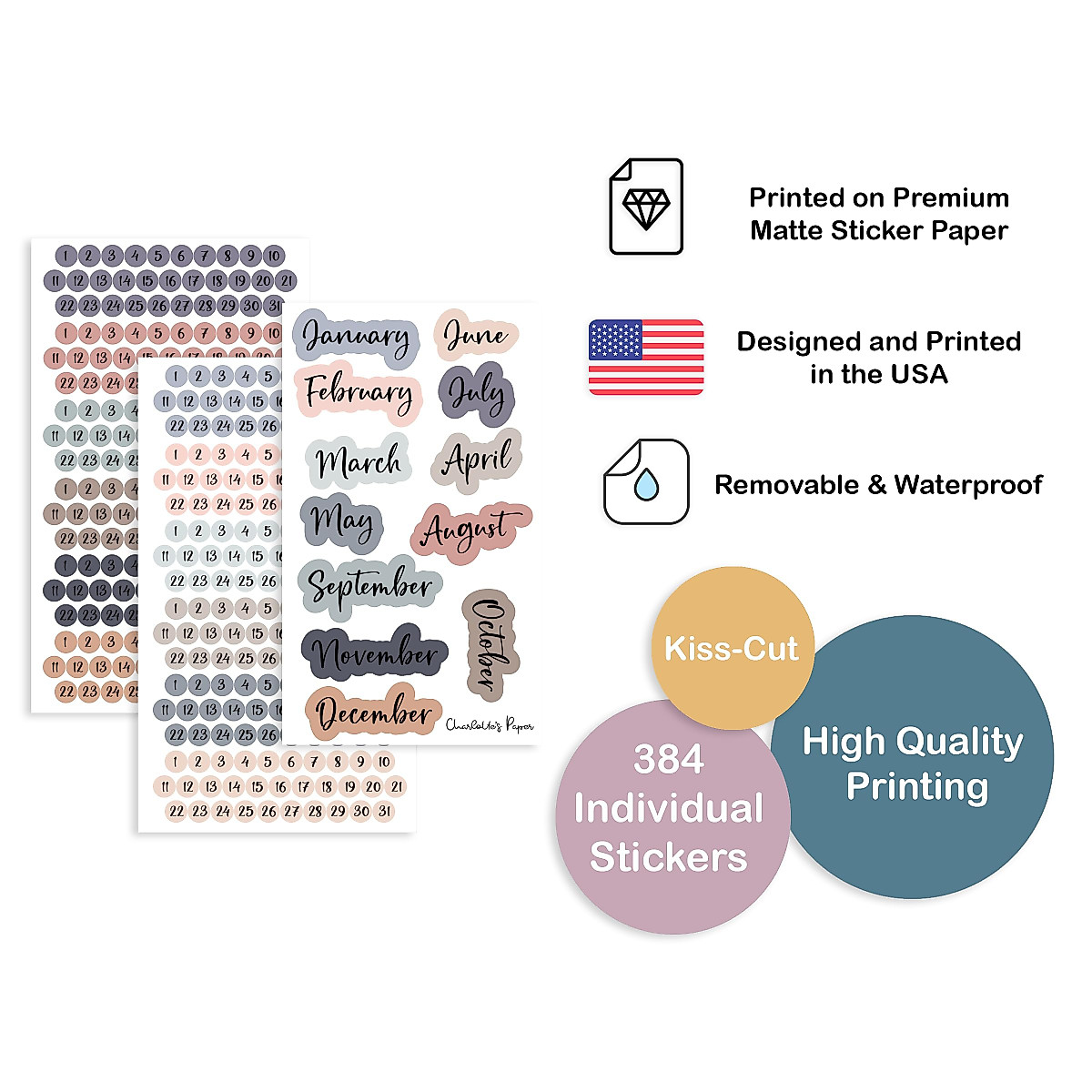 Date Dots 12 Months, Small Number Stickers, Months Stickers for Planners, Journal stickers for planning, Dreamy Boho Multicolor (Black Font)