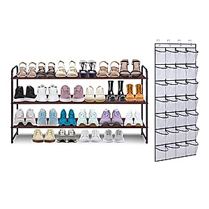 AOODA 3 Tier Long Shoe Rack for Closet Wide Shoe Organizer Storage, 28 Mesh Large Pockets Over The Door Shoe Organizer, 2 Item Bundle