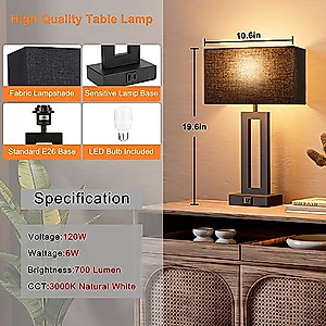 Nightstand Table Lamps for Bedrooms Set of 2 - Touch Bedside Lamp with USB C+A, 3 Way Dimmable Living Room Lamps for End Tables Set of 2, Modern Night Stand Lamps for Bed Side Guest Room(Black)