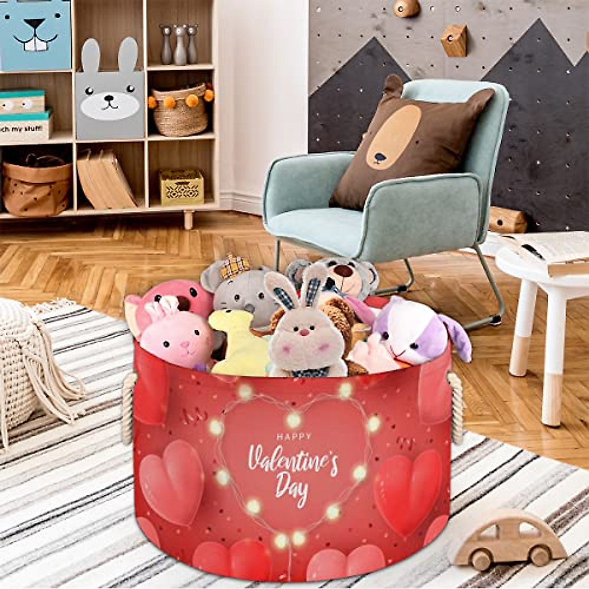 Red Valentines Day Love Heart (17) Large Round Baskets for Storage Laundry Baskets with Handles Blanket Storage Basket for Bathroom Shelves Bins for Organizing Nursery Hamper Girl Boy