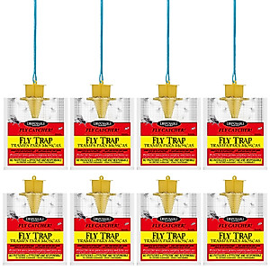 Outdoor Fly Traps 8 Pack with Adjustable Hanging Strings (8 PCS), Disposable Hanging Fly Traps with Natural Pre-Baited Bags | Effective Fly Killer for Backyard, Patio, Park or Farm Red