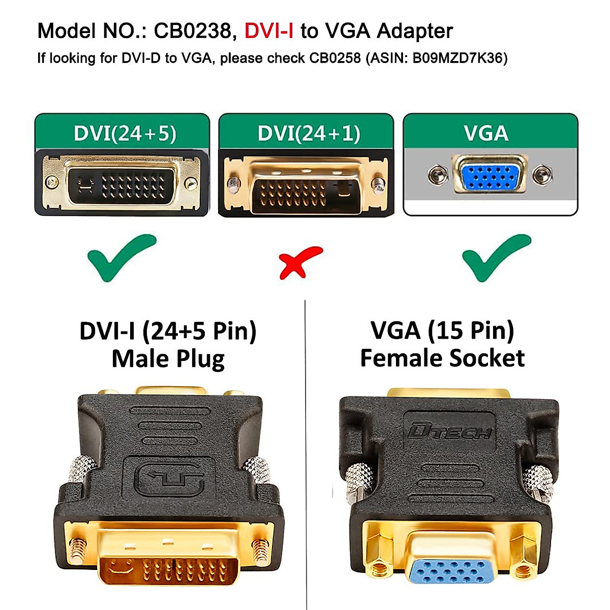 DTech DVI Male to VGA Female Adapter DVI-I 24+5 Port Converter