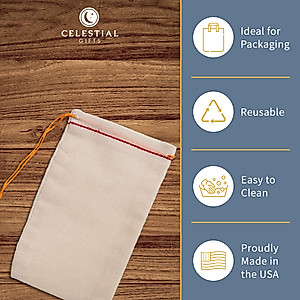 Made in the USA Cotton Muslin Drawstring Bags 50 (Red Hem Orange Drawstring, 4x6)