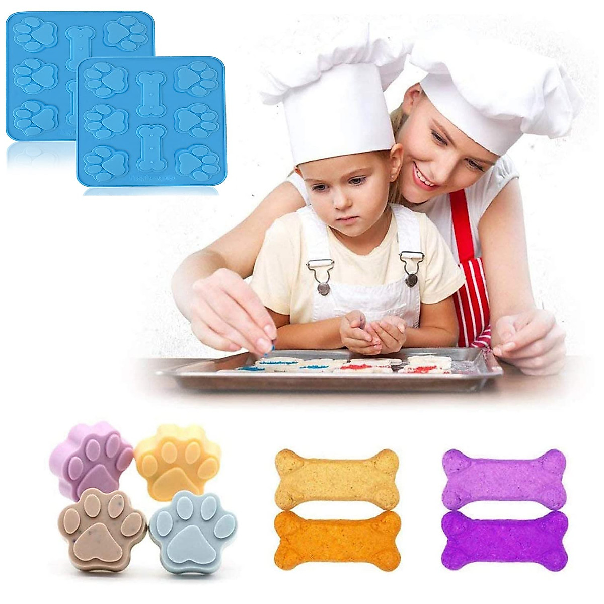 Paw Mold and Dog Bone Mold Silicone Baking Molds 2pcs Biscuits Mold Muffin Mold, Hard Candy Mold, Chocolate Cookies Molds for Pets and Kids, blue.