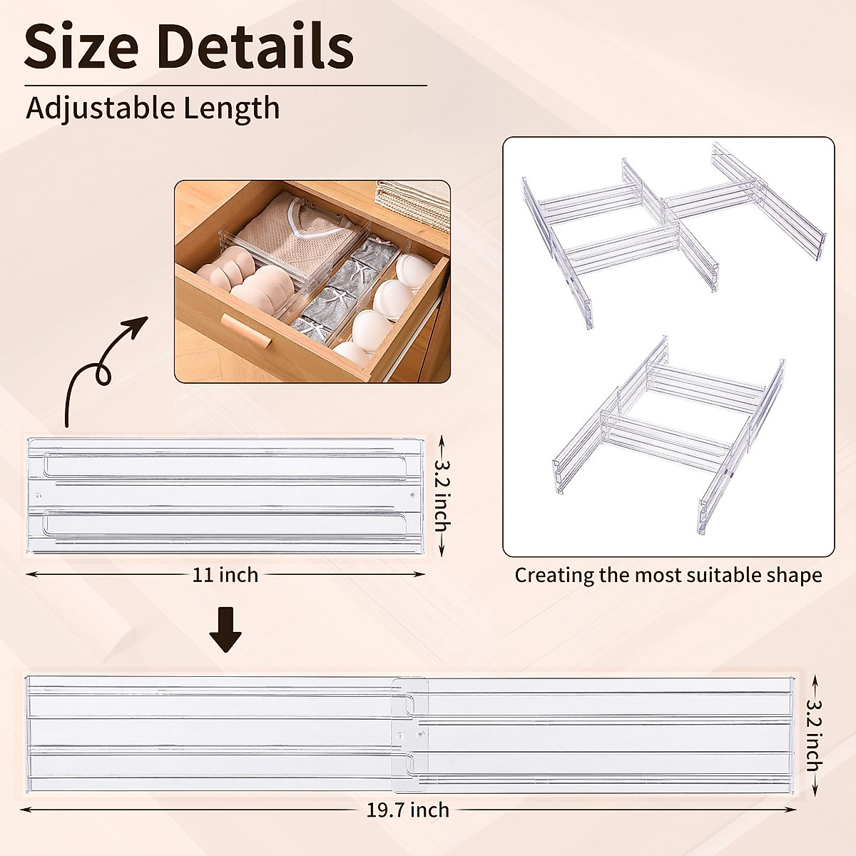 seinlife 6 Pack Plastic Drawer Dividers 3.2" High, 11-19.7" Adjustable Drawer Organizers for Clothes, Expandable Separators in Bedroom/Kitchen/Office Organization and Makeup Cosmetic Storage-Clear