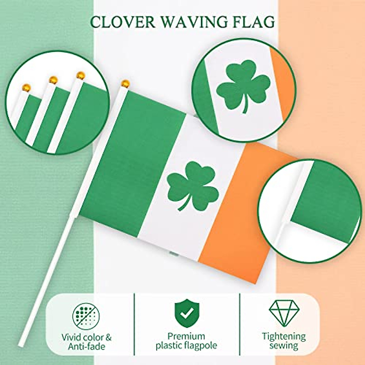 20 Pack Small Ireland Irish Shamrock Flag Stick 5'' x 8'' - Mini Handheld Lucky Green Clover Flags for St Patrick's Day Parade Celebration
