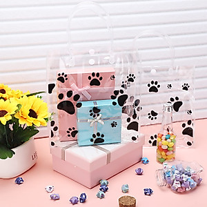 Teling 20 Packs Dog Paw Clear PVC Gift Bags with Handle Reusable Plastic Wrap Tote Bags Transparent Goodie Bags for Puppy Pet Treat Party Favor Birthday Party Wedding, 8 x 8 x 3.15 In(Black)