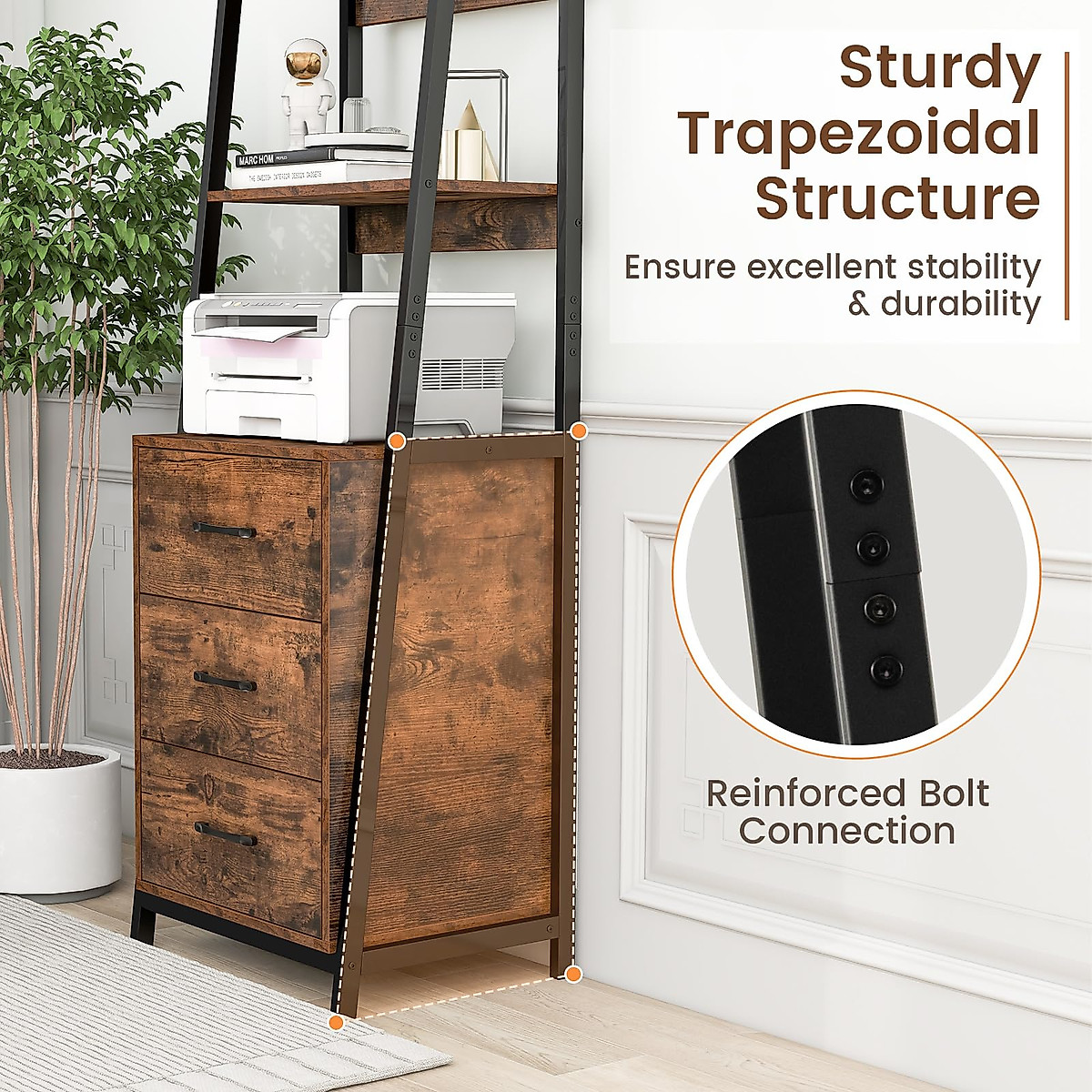 Giantex Ladder Bookshelf with Drawers, 69" Tall Wooden Bookcase with 4 Shelves, Modern Book Shelf Storage Organizer Unit, Freestanding Display Shelving Rack for Living Room, Bedroom (Rustic Brown)