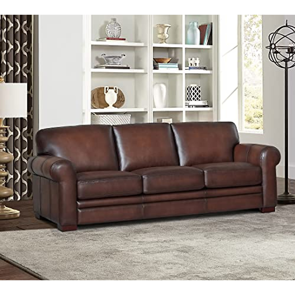 Hydeline Brookfield Top Grain Leather Sofa Couch, 95", Caramel Brown, Feather Down, Memory Foam and Springs Seating
