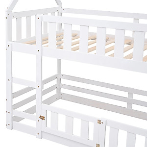 RuiSiSi Twin Size Floor Low Bunk Bed with Fence and Door, Wood Bunk Bed Frame with Guardrails and Ladder, House Shaped Bunk Bed for Kids, White