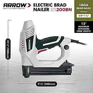 Arrow ET200BN Heavy Duty Electric Brad Nailer, Professional Nail Gun for Trim, Picture Frames, Crafts, Fencing, Uses Brad Nails in 5/8-Inch, 3/4-Inch, 1-Inch, and 1-1/4-Inch