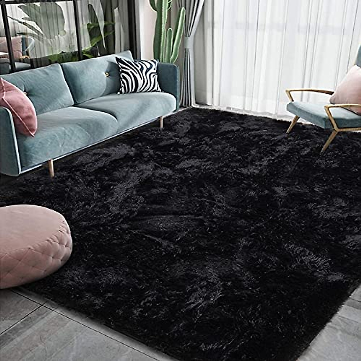 HOMORE Luxury Fluffy Area Rug Modern Shag Rugs for Bedroom Living Room, Super Soft and Comfy Carpet, Cute Carpets for Kids Nursery Girls Home, 4x6 Feet Black