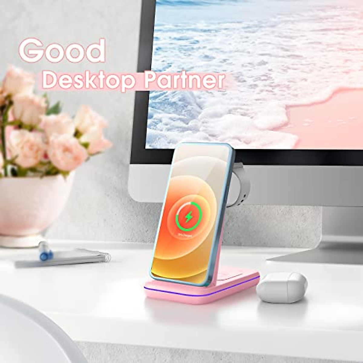 Pink Wireless Charger, Charging Station for iPhone 14 13 12 11 Pro/Pro Max/XR/XS/X, AirPods Pro 2/3/Pro/ 2, iWatch 8~2 SE with QC3.0 Adapter