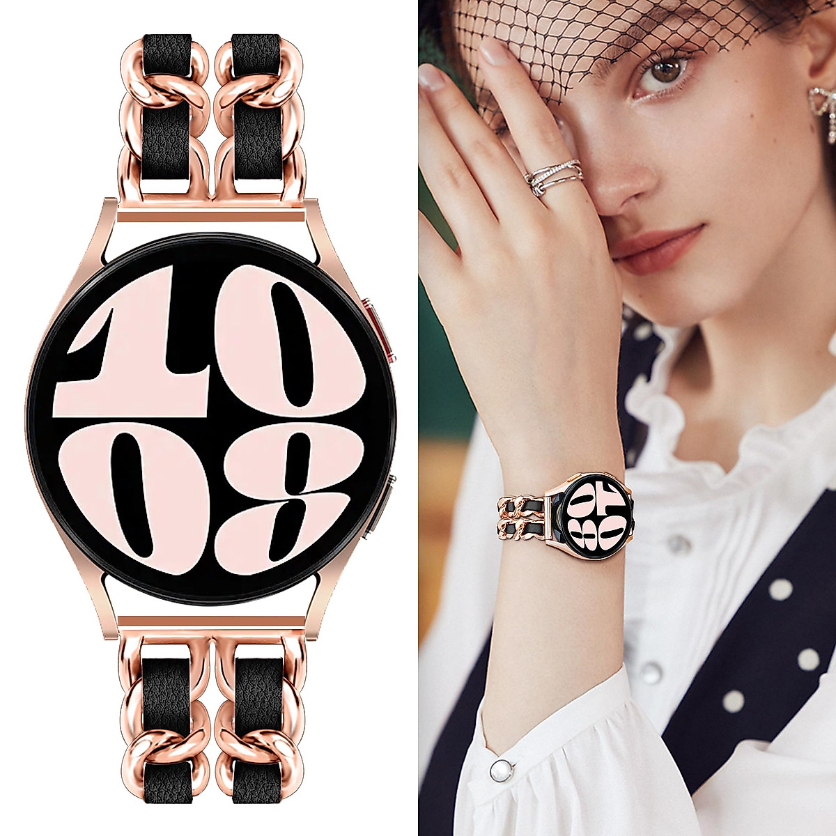 G-ficu Galaxy Watch 7 6 5 4 FE Band 20mm Chain Band for Samsung Galaxy Watch 4 5 6 7 Band 40mm 44mm, Women Metal Band for Samsung Watch Bands/5Pro/Watch 4 6 Classic/Watch 3 41mm/Active 2-Rose Gold