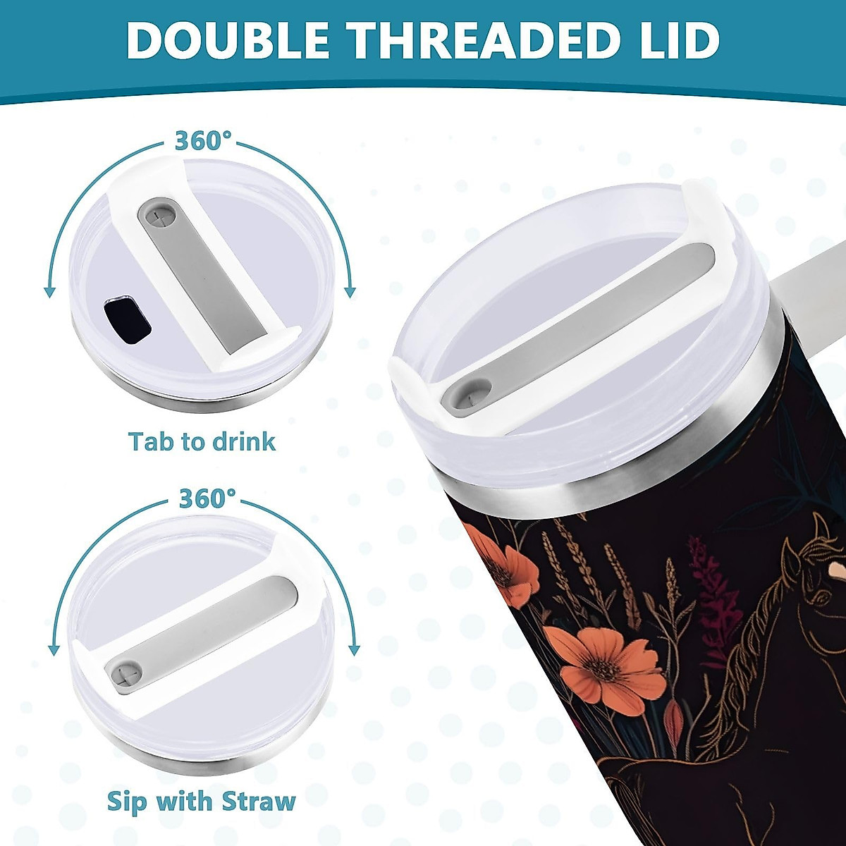 Jihqo Night Horse Cross Flowers Field 40 oz Stainless Steel Vacuum Insulated Tumbler with Handle and Straw Lid, Leakproof Water Bottle Double Wall Travel Mug Coffee Cup, Cupholder Friendly