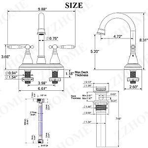 Centerset Bathroom Faucet with Pop-Up Sink Stopper and Strainer Brushed Nickel Bathroom Sink Faucet for 3 Hole- Rv Faucets Bathroom Sink Faucets with Hot and Cold Handle Brass Faucet