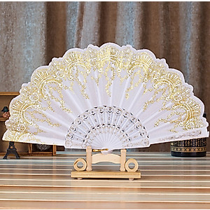 DUO ER Chinese/Spanish Style Dance Wedding Party Lace Silk Folding Hand Held Flower Fan (Color : Blue)