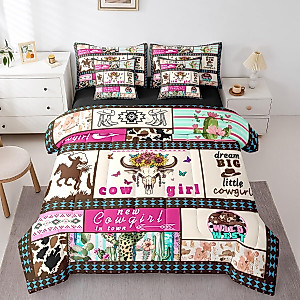 Feelyou Western Cowgirl Kids Comforter Set 7 Pieces, Cow Skull Print Bedding Twin with 1 Comforter,1 Fitted Sheet,1 Flat Sheet,2 Pillowcases,2 Throw Pillow Cover, Boho Cow Fur Bed Set for Boys Girl