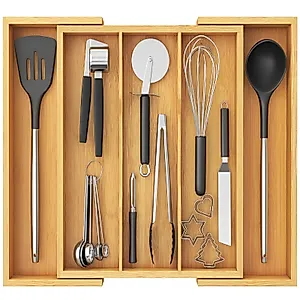Lifewit Utensil Organizer for Kitchen Drawer, Expandable Cooking Utensil Tray, Bamboo Cutlery Silverware Flatware Holder, Adjustable Spatula Tools and Gadgets Storage Divider, Large, Natural