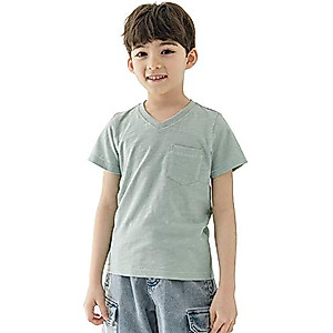 CUNYI Little Boys' Solid Short Sleeve Pocket V-Neck T-Shirt Summer Tops, Light Green, 140