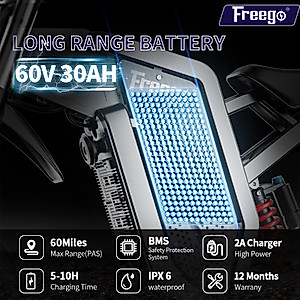 Freego X2 Electric Motorcycle for Adults, Electric Dirt Bike for Adult 6000W Motor 60V/30Ah Removable Battery, 60Mph/60Mile Electric Mountain Bicycle, 19" x2" Tire Full Suspension,Full Hydraulic Brake