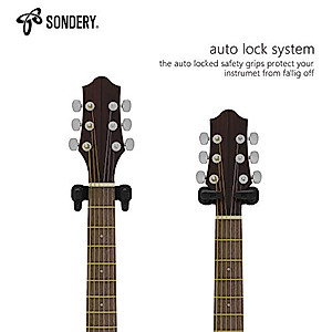 Sondery Guitar Wall Mount Hanger, Auto Lock and Adjustable Hook Holder for Acoustic and Electric Guitar, Ukulele, Bass, Banjo and Mandolin