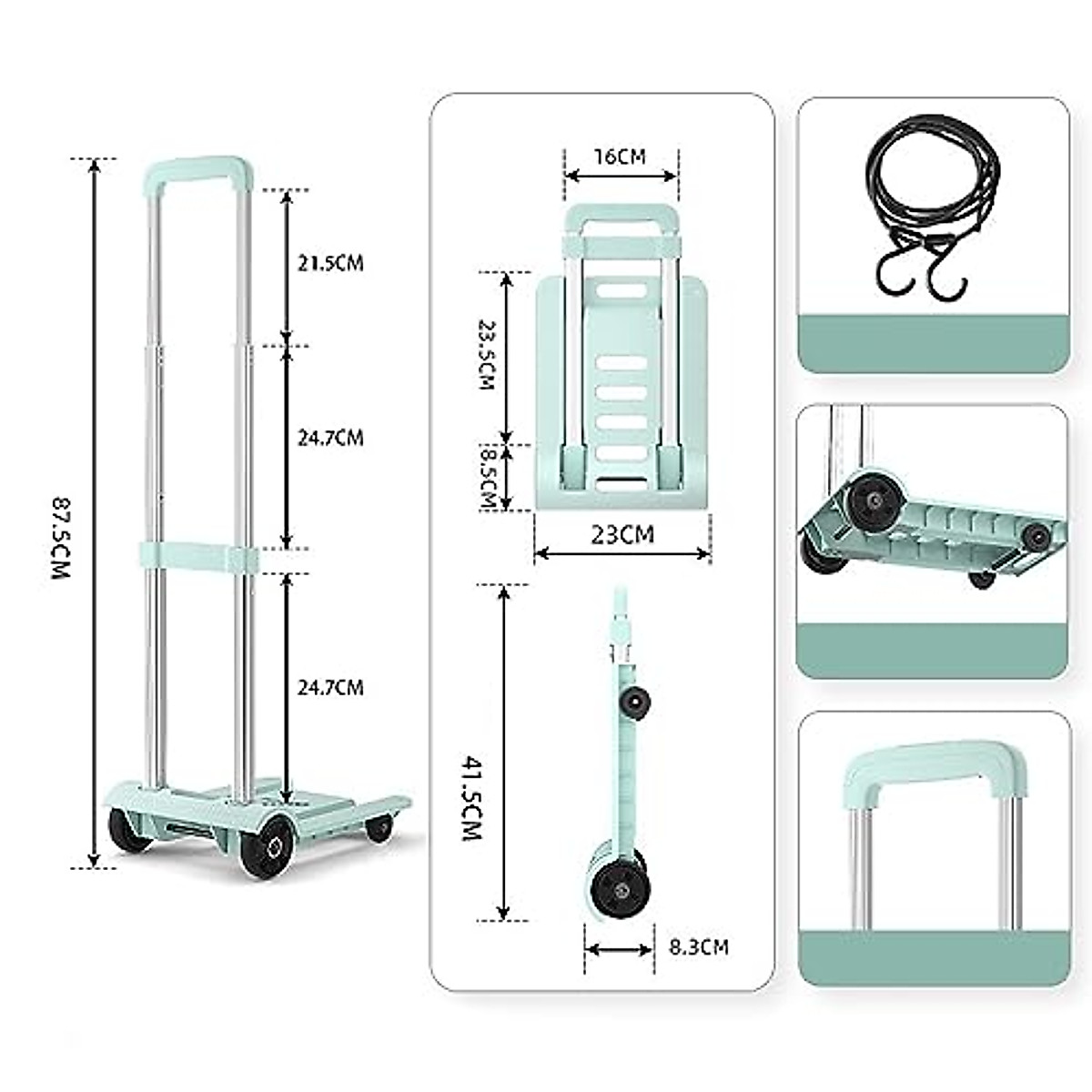 shamjina Luggage Cart Folding Hand Truck Solid Construction Compact Adjustable Handle Utility Cart Dolly Truck for Office Moving Transportation Auto, 4 Wheels Light Green