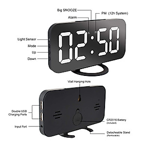 Lamisola Digital Alarm Clock, Large LED Mirror Display,2 USB Charging Ports,Auto Adjustable Brightness,Aesthetic Modern Clocks for Bedroom Living Room Office,Black