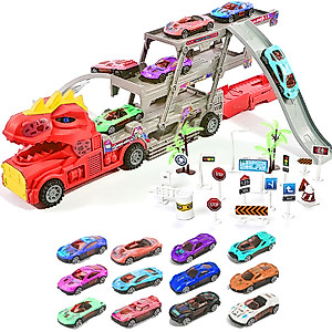 KAEGREEL Dinosaur Trucks Toys with Car Repair Tool Set for Kids 3 4 5 6 7 Year Old, Dinosaur T Rex Carrier Truck with 12 Catapult Cars, Dino Truck Vehicle Repair Tool Toys for Kids