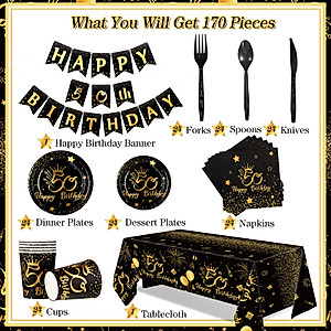 TaoBary 170 Pieces 50th Birthday Party Supplies Disposable Dinnerware Set with Plates Napkins Cups Banner 50th Birthday Tablecloth Black and Gold Party Decoration for Men and Women, Serves 24