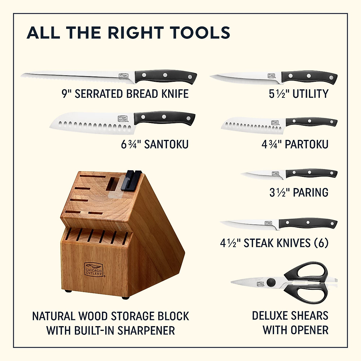 Chicago Cutlery Ellsworth (13-PC) Kitchen Knife Block Set With Wooden Block & Built-In Sharpener, Ergonomic Handles and Stainless Steel Professional Chef Knife Set & Scissors With Bottle Opener