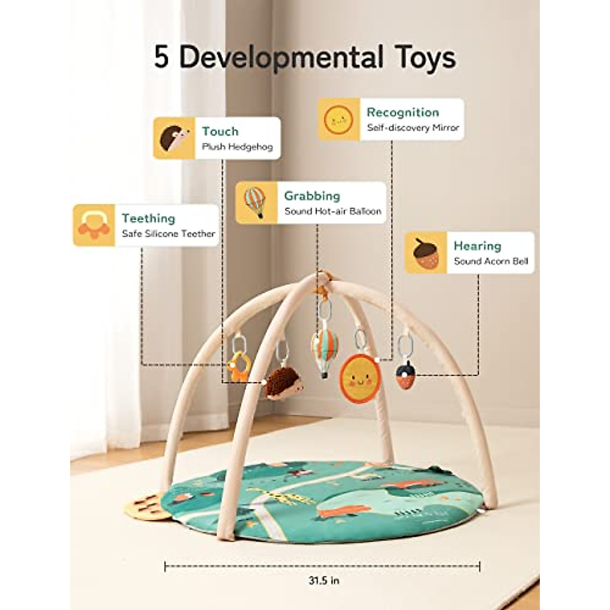 Baby Play Mat, Besrey 7 in 1 Thicker Baby Play Gym, 5 Zoo Theme Developmental Toys Tummy Time Mat, 2 Replaceable Washable Mat Cover, Soft Pillow & Cushion, Activity Gym Mat for Toddler Infant Newborn