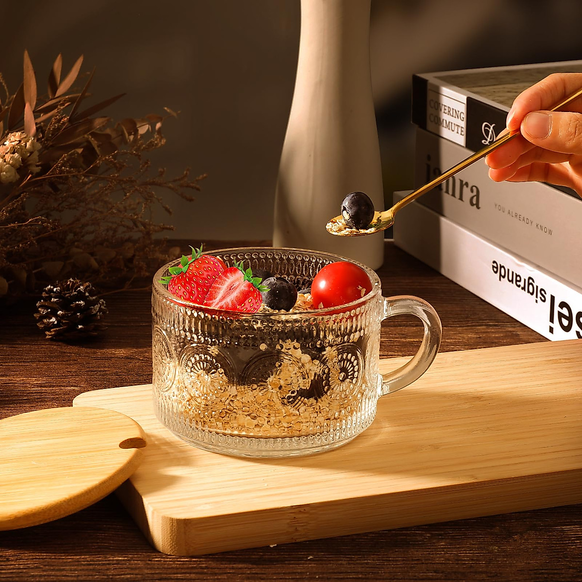 14oz Glass Coffee Mugs Cups , Overnight Oats Containers with Bamboo Lids and Spoons,Coffee Bar Accessories,Clear Embossed Tea Cups,Coffee Cups for Cappuccino, Latte,Christmas Thanksgiving Gift