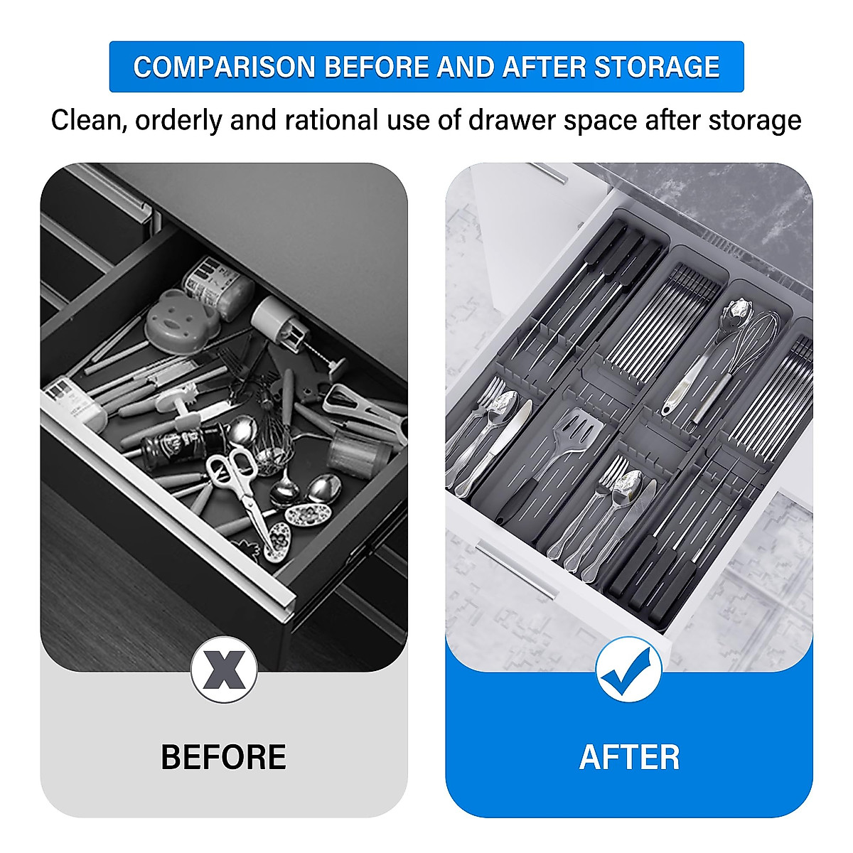 KOUPA Expandable Silverware Drawer Organizer Set of 2, Compact Utensil Flatware Tray for Kitchen, Adjustable Plastic Cutlery Holder Storage for Spoons Forks Knives, Gray