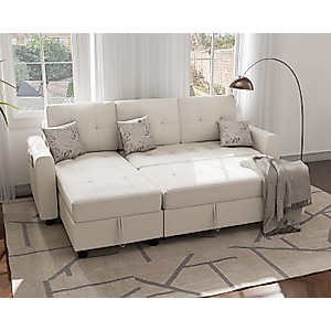 Ucloveria Sectional Sofa Couch, Sleeper Sofa Bed with Reversible Storage Chaise Pull Out Couch Bed for Living Room L-Shape Lounge 2 in 1 Futon Sofa with Side Storage Bag, Beige