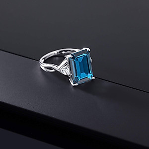 Gem Stone King 10K White Gold London Blue Topaz and White Moissanite 3 Stone Engagement Ring For Women (9.96 Cttw, Emerald Cut 14X10MM, Trillion 4MM, Available in Size 5,6,7,8,9)