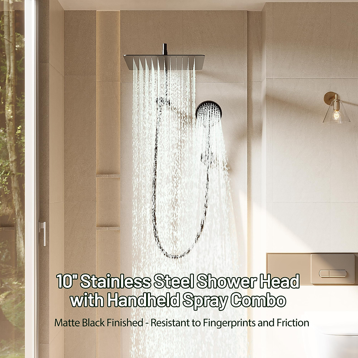 Kurpot Double Shower Heads with Handheld Spray Combo, 10" Stainless Steel Rain Shower Head with Handheld, 3+3 Shower Mode, 13" Adjustable Shower Extension Arm and 59" Long Shower Hose, Matte Black