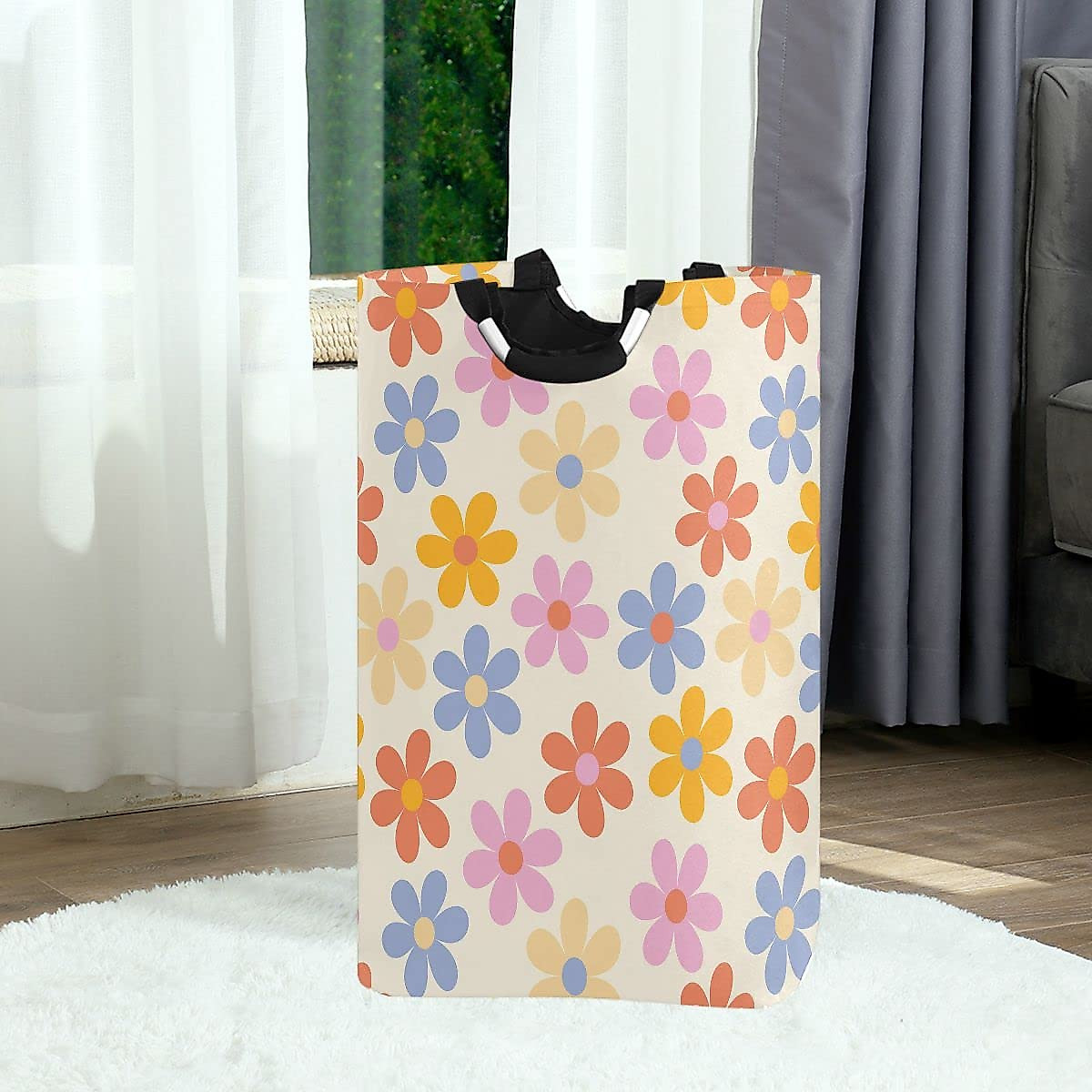 Aslsiy Floral 70s Laundry Basket Groovy Daisy Flowers Laundry Hamper with Handles Waterproof Clothes Bucket Washing Bin Dirty Baskets Toy Storage for Home College Dorm Bathroom 50L