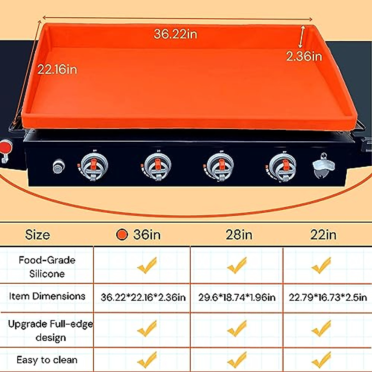 Jacooxi Silicone Griddle Mat 36 Inch for Blackstone Grill, Upgraded Blackstone Griddle Full Wrap Mat, Outdoor Griddle Cover Accessories, Orange