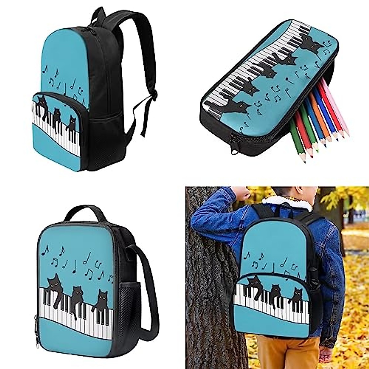 Coloranimal Black Cats Kids Backpack & Lunch Bag Kit Combo Set 3 Piece Music Musical Piano Keyboard School Backpack Cute Pencil Case Middle Junior High School Student Book Bag Large Capacity