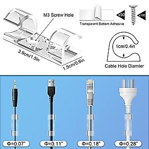 50 Pcs Heavy Duty Cable Clips Transparent with 100 Screws, Attom Tech Clear Self-Adhesive Cable Organizer Cord Management System, Clear Desktop Cable Organizer [50 pc]
