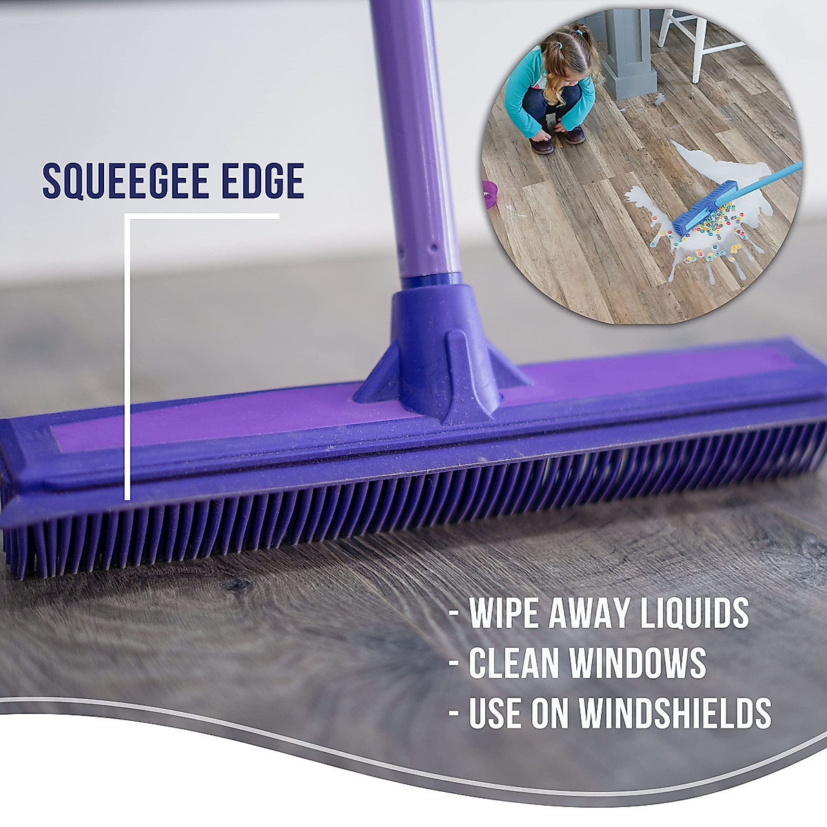 Don Aslett's Rubber Broom (12") and Hand Brush (10") Set | 59-inch Steel Pole | Multipurpose Synthetic Rubber Bristles Cleans Pet Cat or Dog Hair, Liquid Spills on Concrete & Hardwood Surface (Blue)