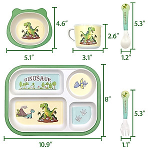 Dinosaur Bamboo Plate Kids Dinnerware Set Toddler Dishes Dinnerware Set Dino Plate Feeding Divided Plates Baby Dish Tableware with Bib